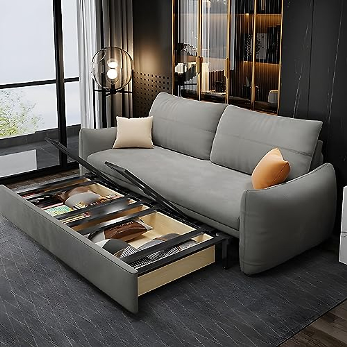 LAKIQ Contemporary Fabric Sofa Bed with Storage Convertible Sleeper Sofa Couch Bed Square Arm Sofa Bed with Bolster Pillows(49" L x 35" W x 28" H)