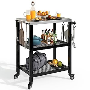YITAHOME Outdoor Grill Cart Table Patio Food Prep and Work Cart Table Three-Shelf Stainless Steel Flattop Outdoor Cooking Prep Table with Wheels