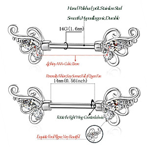 Gabry&jwl 2Pcs Vintage Flower Nipplerings 14G Stainless Steel Straight Barbell Nipple Ring Floral Filigree Inlay Cubic Zirconia Butterfly Wings Nipple Piercing for Women(Silver)