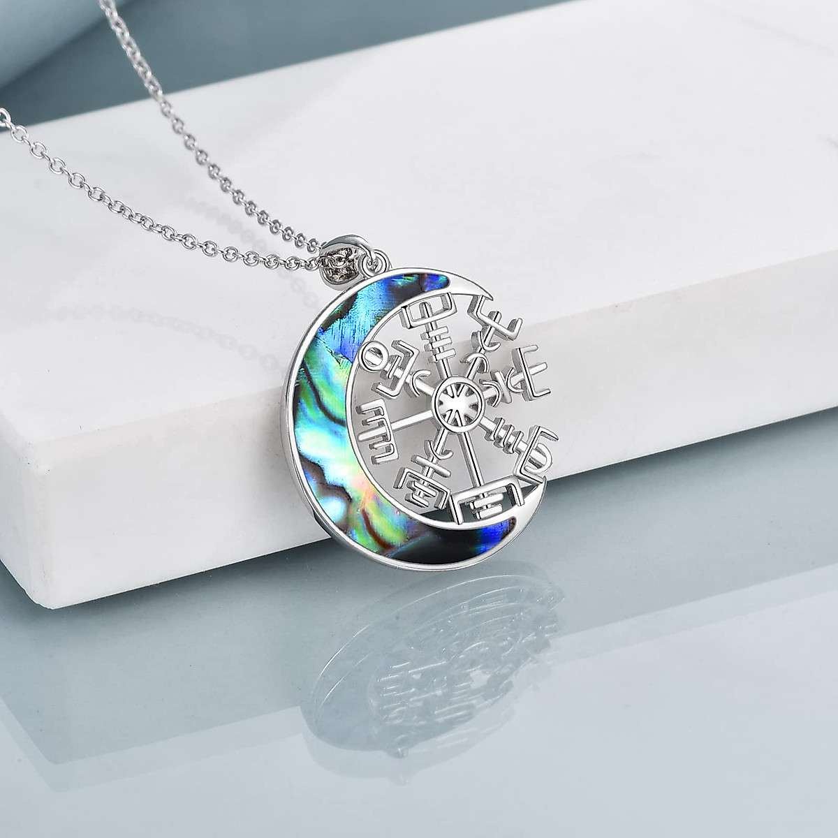 URONE Viking Compass Necklace Sterling Silver Abalone Shell Moon Compass Jewelry for Women Men Norse Vegvisir Pendant Gifts for Nordic Pagan