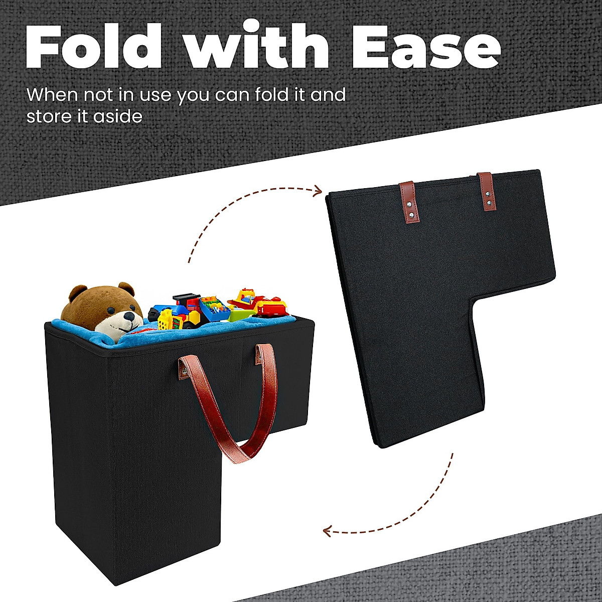 Home Tag Stair Baskets for Carpeted and Wooden Stairs - 16” L x 10” W x 16.5” H Foldable Staircase Basket with Leather Handles, Stair Step Storage Organizer for Home Office Decor (Black)