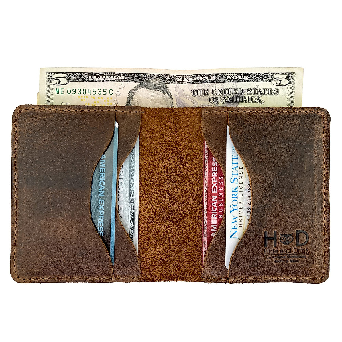 Hide & Drink, Bifold Wallet with Extra Layer, Slim, Thin Accessory For Pocket or Bag, Store Money, Cards & Cash, Full Grain Leather, Handmade, Bourbon Brown