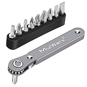 MulWark 11pc 1/4 Mini Ratchet Wrench Close Quarters Pocket Screwdriver Set with High Torque & Low Profile- Micro Right Angle EDC Tool with 90 Degree Mini Offset Reversible Drive Handle& Multi Hex Bit