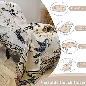 VClife Boho Couch Cover Cotton Linen Beige Sofa Cover Vintage Floral Birds Couch Cover for 2 Cushion Couch Sofa Dog Pet Friendly Non-Slip Loveseat Cover Futon Cover Sofa Cover with Tassel 71"x 118"