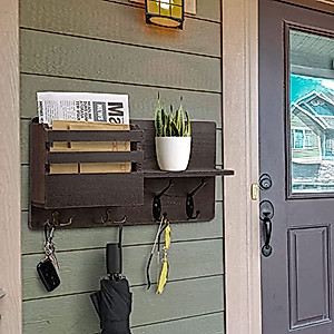 ISM Designs Key Hangers for Wall Decor - Mail and Holder with Shelf Organizer Hooks, Rustic Brown, 16 Inch x 8