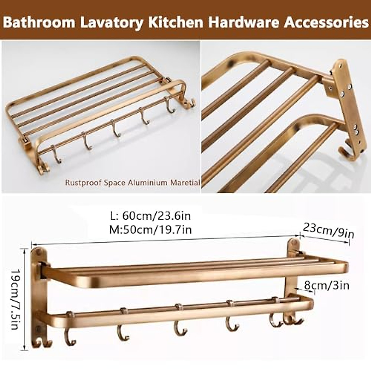 Bathroom Towel Rack Wall Mounted Towel Holder Bar Foldable Towel Shelf with Movable Towel Hooks Rustproof Aluminium Bath Kitchen Towel Holder Brushed Bronze Finish Towel Hanger Hardware Accessories (