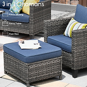 HOOOWOOO Patio Furniture Set,8 Piece Outdoor Furniture with Fire Pit Table,Wicker Patio Conversation Couch Chairs Ottoman Set,Denim Blue