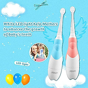 Baby Electric Toothbrush,Sonic Technology Battery Powered Toddler Tooth Brush with Smart LED Timer,Waterproof Auto Deep Clean for Infants Ages 0-3 Years with 4 Soft Brush Heads (Blue)