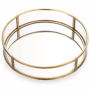 ELLDOO Gold Round Glass Tray, Mirror Jewelry Tray Perfume Tray Mirror Vanity Tray Dresser Tray Ornate Tray Metal Decorative Tray Perfume Organizer Makeup Tray for Vanity Dresser