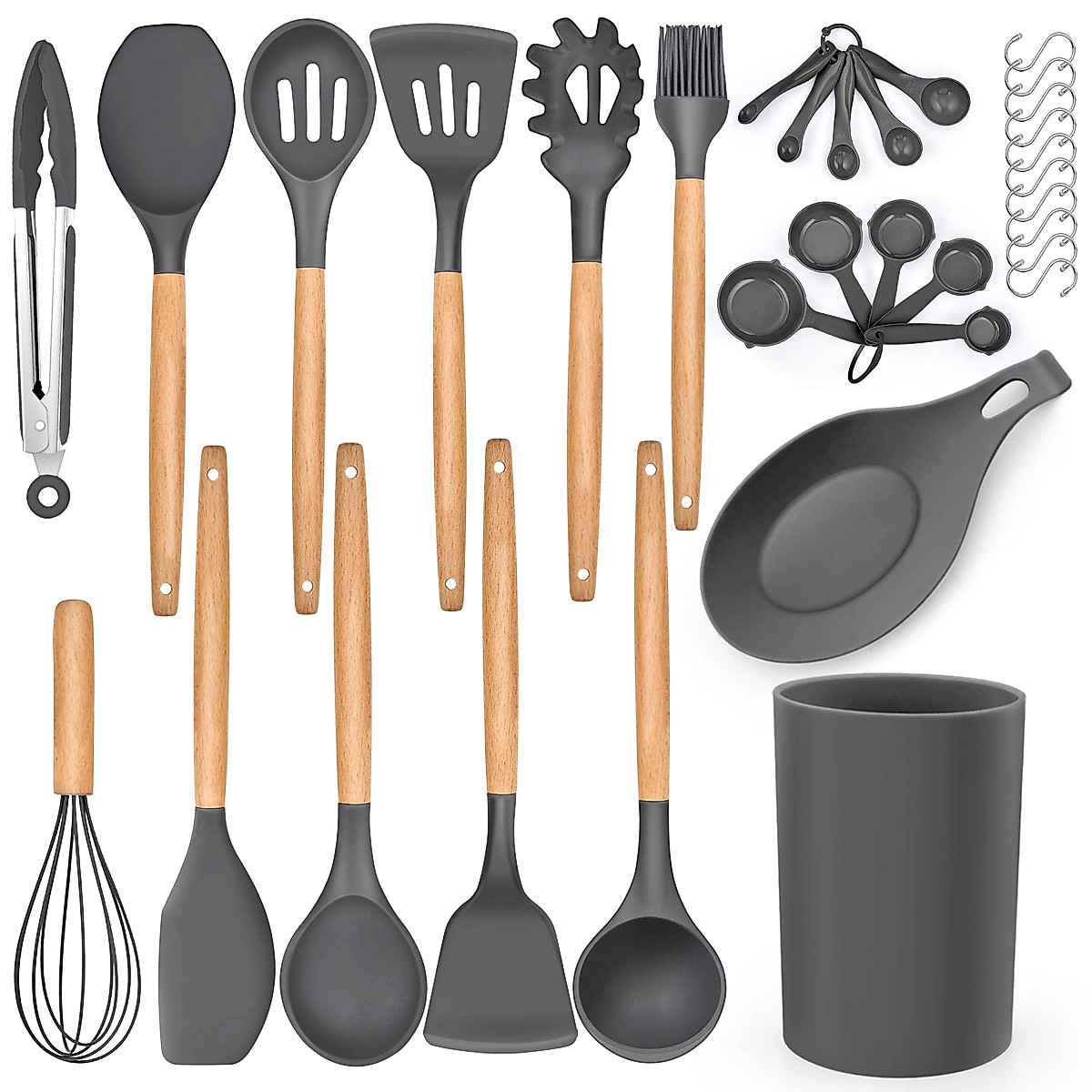 LIANYU 33-Piece Silicone Kitchen Cooking Utensils Set with Holder, Wooden Handle Heat Resistant Cookware Utensils Set, Non-Stick Kitchen Tools for Baking Cooking, Black Gray
