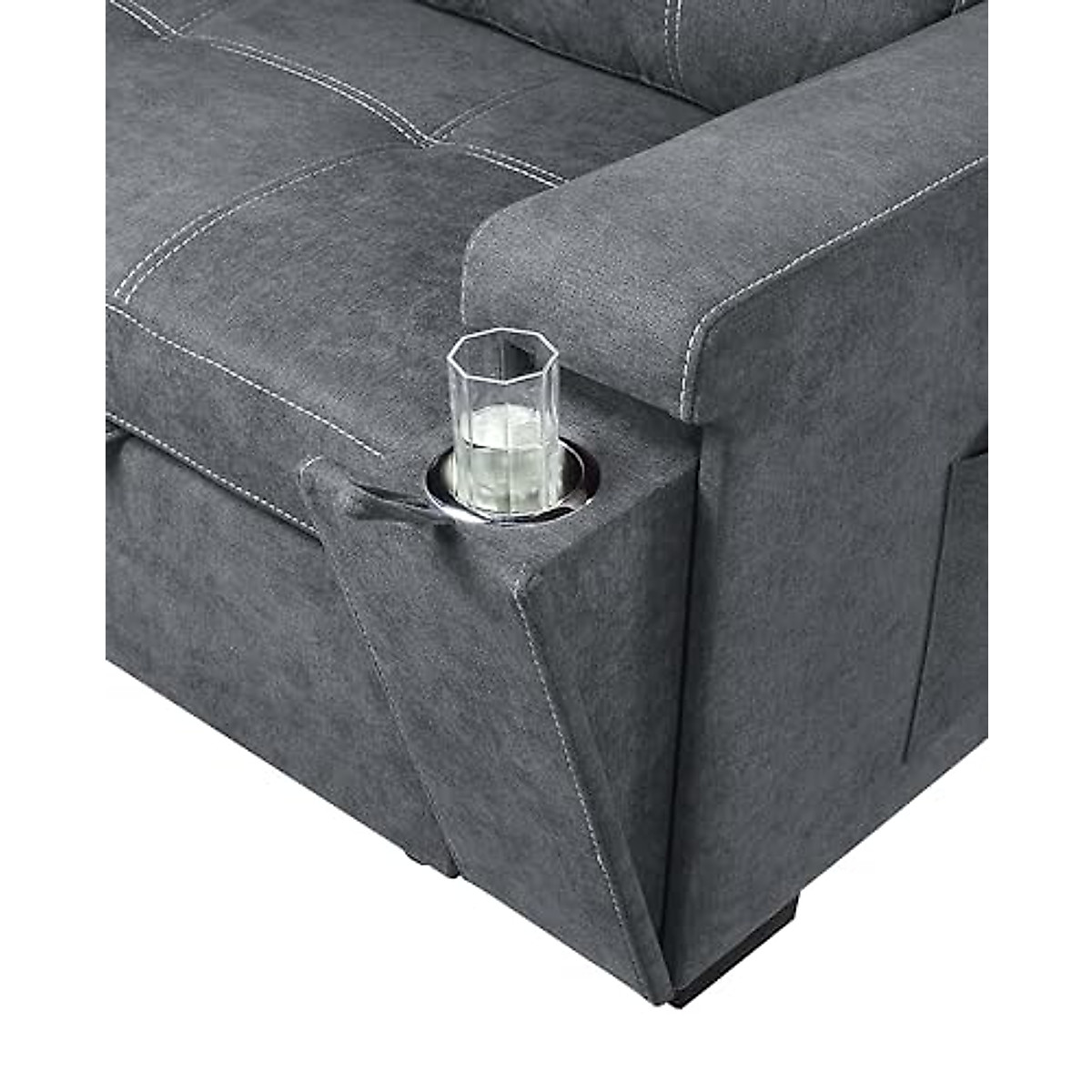 Lilola Home Toby Gray Woven Fabric Reversible Sleeper Sectional Sofa with Storage Chaise Cup Holder USB/USB-C Ports and Pockets