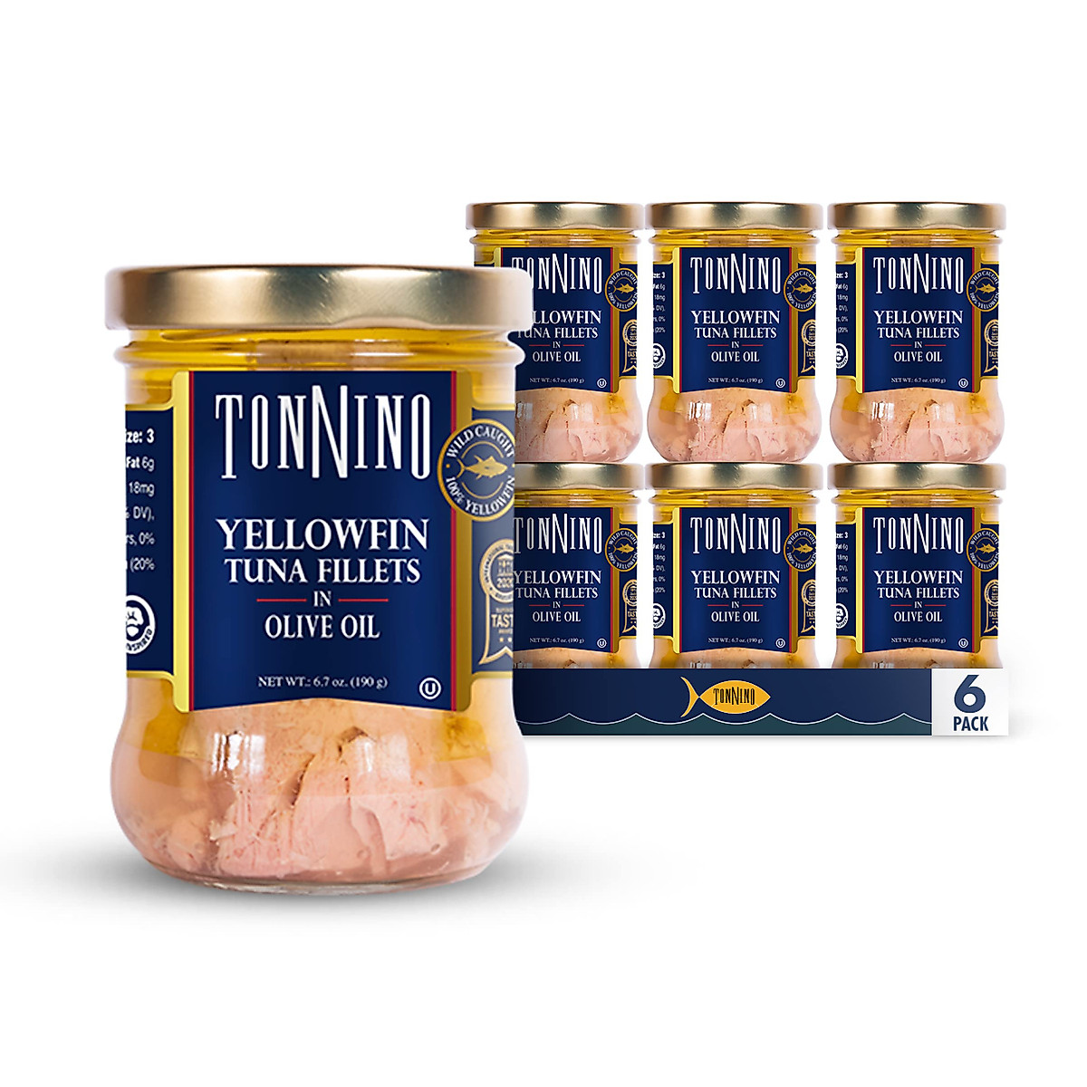 Tonnino Yellowfin Tuna in Olive Oil, Gluten-Free Premium Jarred Atun, Healthy Snacks for Adults, Ready to Eat Meals, EBT Eligible Items, Alternative of Salmon, Pack of 6