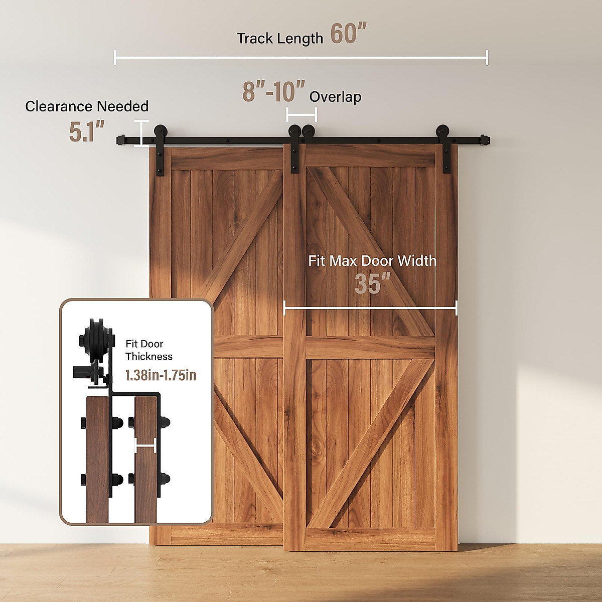 WINSOON 5FT Single Track Bypass Sliding Barn Door Hardware Kit for Double Doors, Low Ceiling, Easy Mount, Heavy Duty, Slide Quietly and Smoothly
