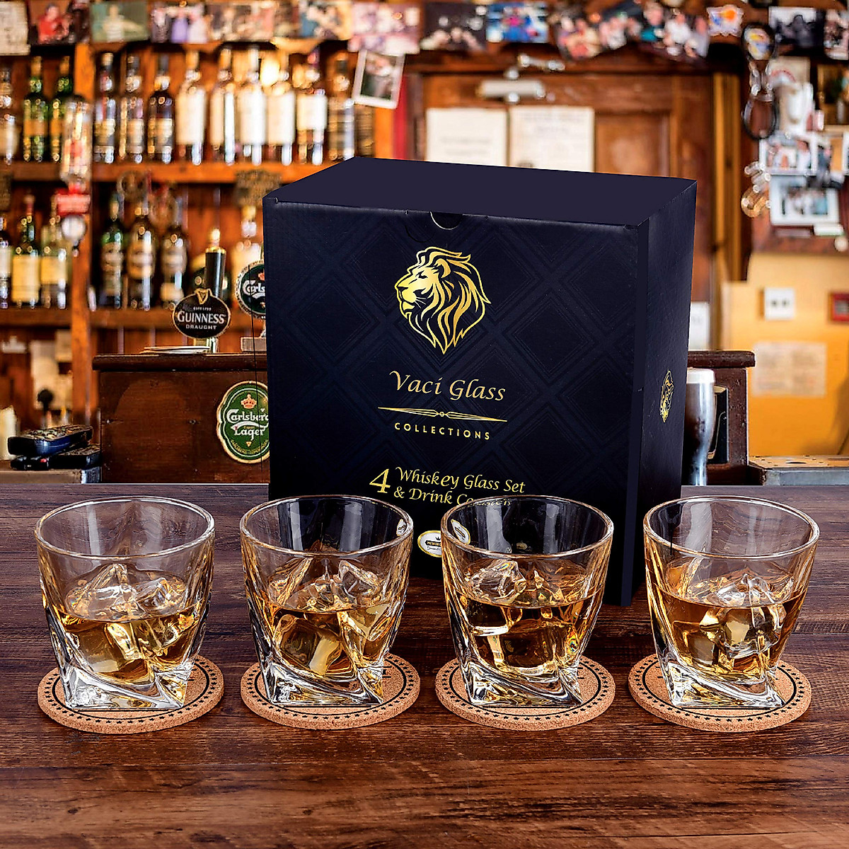 VACI GLASS Crystal Whiskey Glasses - Set of 4 - with 4 Drink Coasters, Crystal Scotch Glass, Malt or Bourbon, Glassware Set