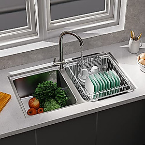 Sink Dish Drying Rack, Expandable 304 Stainless Steel Metal Dish Drainer Rack Organizer Shelves with Stainless Steel Utensil Holder Over Inside Sink, Rustproof