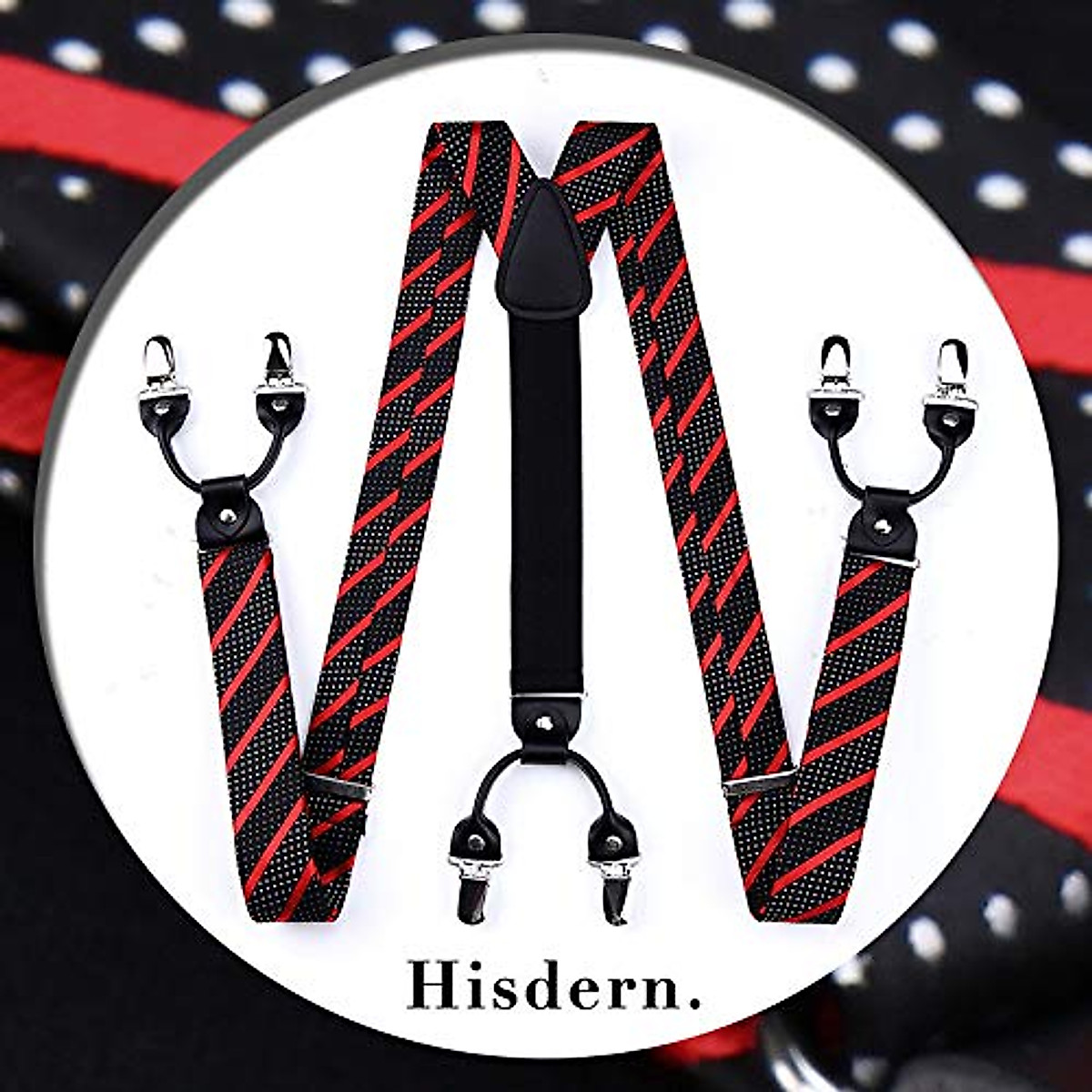 HISDERN Bow Tie and Suspenders for Men Red Striped Suspender and Bowtie Handkerchief Set Adjustable Y Shape 6 Clips Wedding Brace