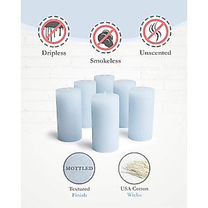 Mottled Pillar Candles by Bask - Set of 6-3" x 6" Dripless Unscented Candles in Light Blue for Home Decor, Relaxation & All Occasions