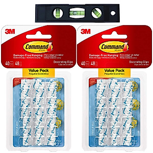 Command Clear Hooks Small - 80 Indoor Mini Plastic String Light Clips for Wall, Christmas, Cable, Wire and Hanging with 96 Adhesive Strips and Wholesalehome Black Hook Torpedo Level