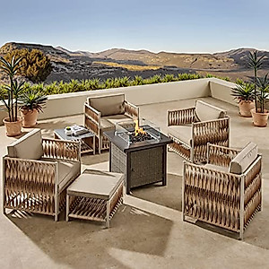 Art Leon 28in Gas Fire Pit Table, 40,000 BTU Outdoor Wicker Patio Propane Fire Pit Table with Lid, 11 Pound Amber Glass Rocks, CSA Certification, for Outside Patio, Garden, Backyard, Khaki