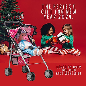 fash n kolor - My First Baby Doll Stroller - Pink Polka Dot Doll Stroller with Basket- Soft Grib Handle. Foldable with Hood Toy Doll Pram Baby Doll Accessories. With 2 Free Bonus Doll Bottles Included