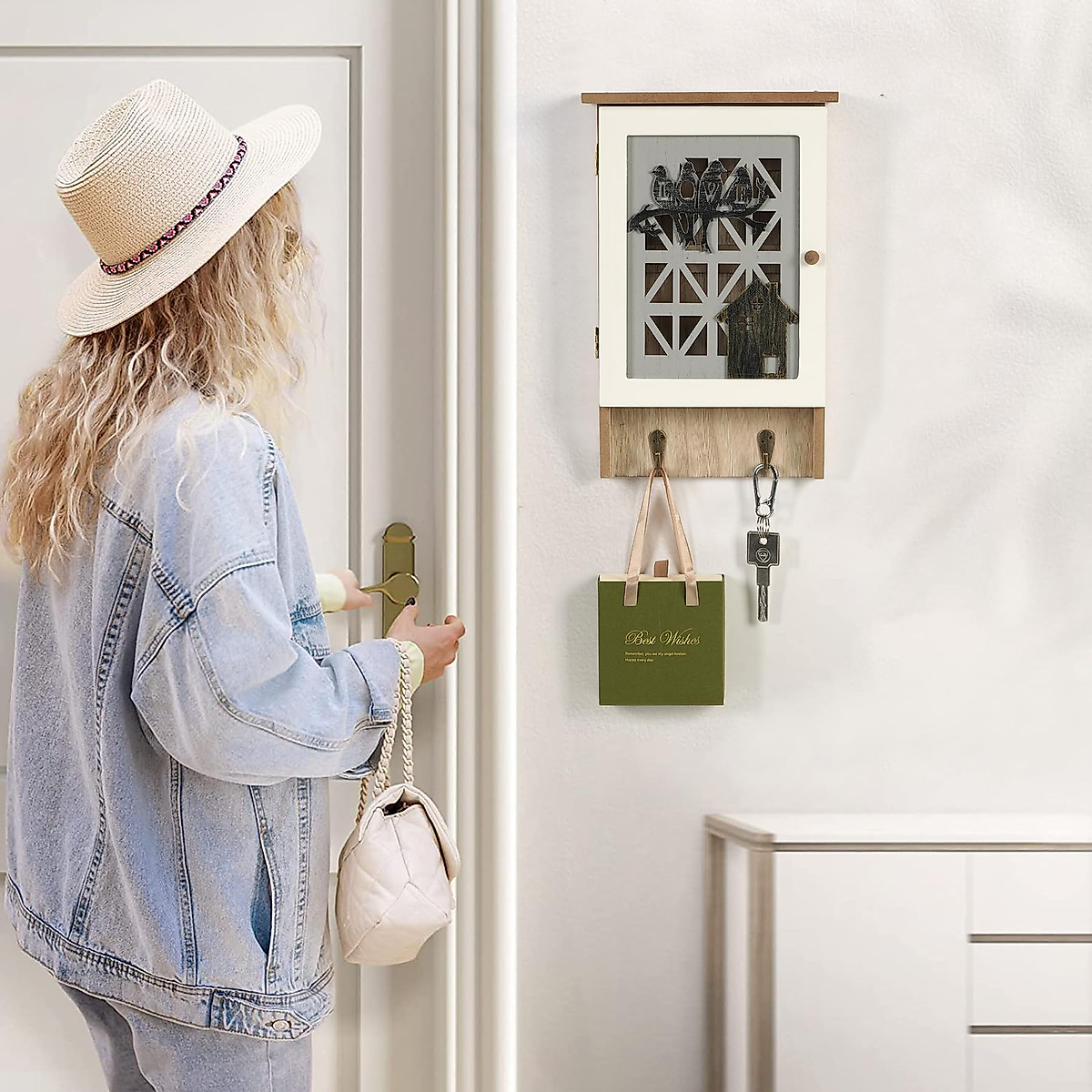 AHUONEL Wooden Key Holder for Wall Key Cabinet, Decorative Key Box Key Hooks Wall Mounted Key Hangers Key Storage Rack with 8 Hooks for Home Decor Office Entryway Hallway Bedroom Living Room