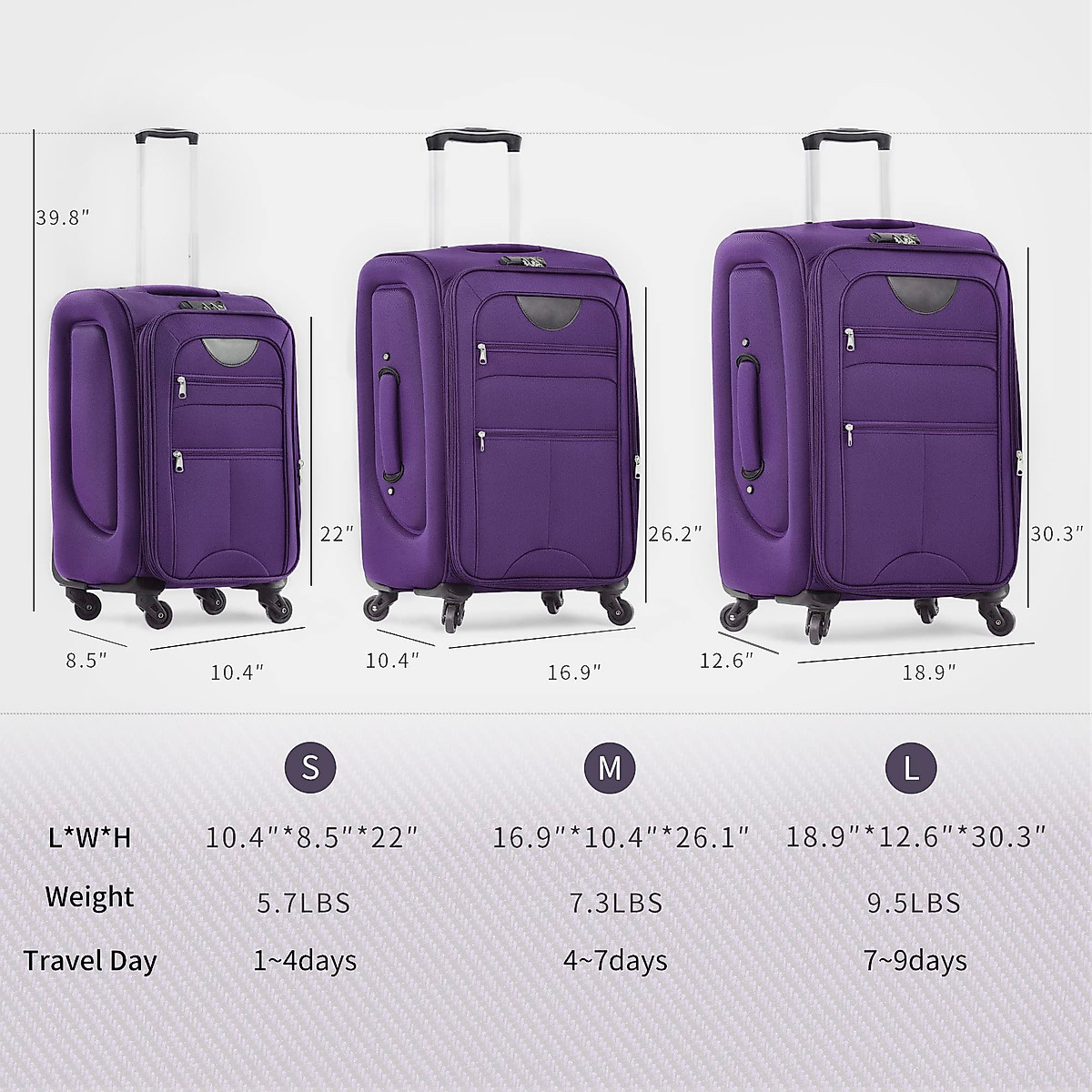 Merax Softside Luggage Set, Travel Suitcase Expandable Lightweight, 3 Piece Luggage Sets with Spinner Wheels 22" 26" 30" Suitcase with TSA Lock (Purple)
