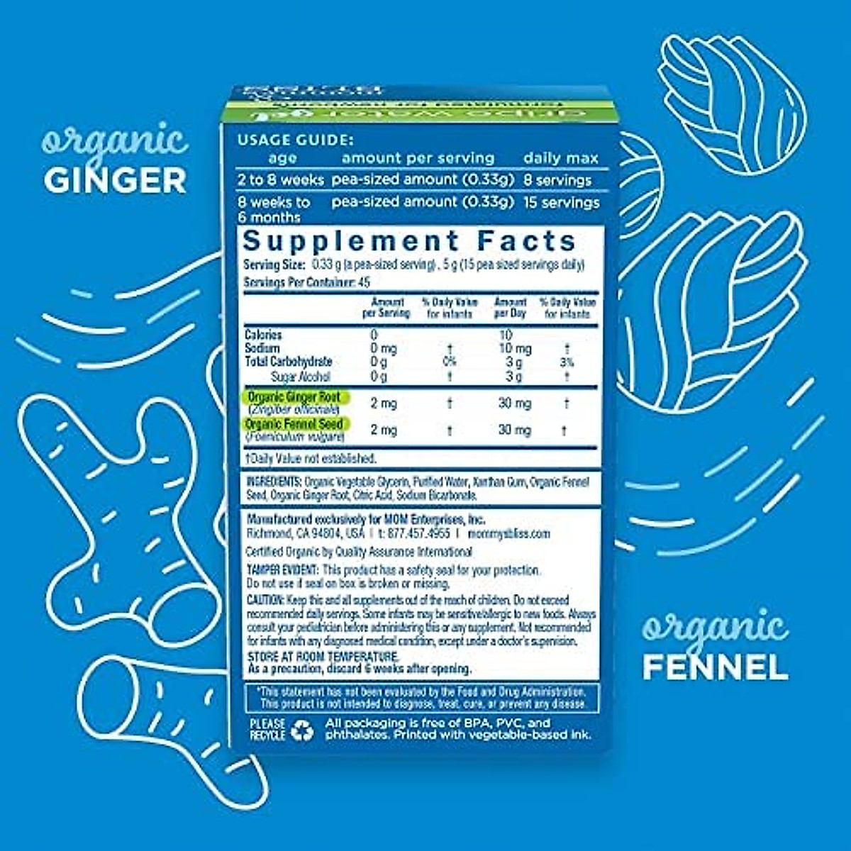 Mommy's Bliss Organic Gripe Water Gel for Newborns, Extra Gentle Gel, Relieves Occasional Stomach Discomfort from Gas, Colic & Fussiness, Easy Administration, Age 2 Weeks +, 0.53 Oz (45 Servings)