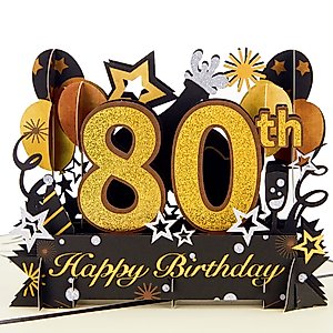 HOMANGA Happy 80th Birthday Pop Up Card, 80th Birthday Card with Note and Envelope, 80th Birthday Gifts for Husband, Wife, Men, Women, 80 Years 3D Pop Up Birthday Greeting Card 6" x 8"
