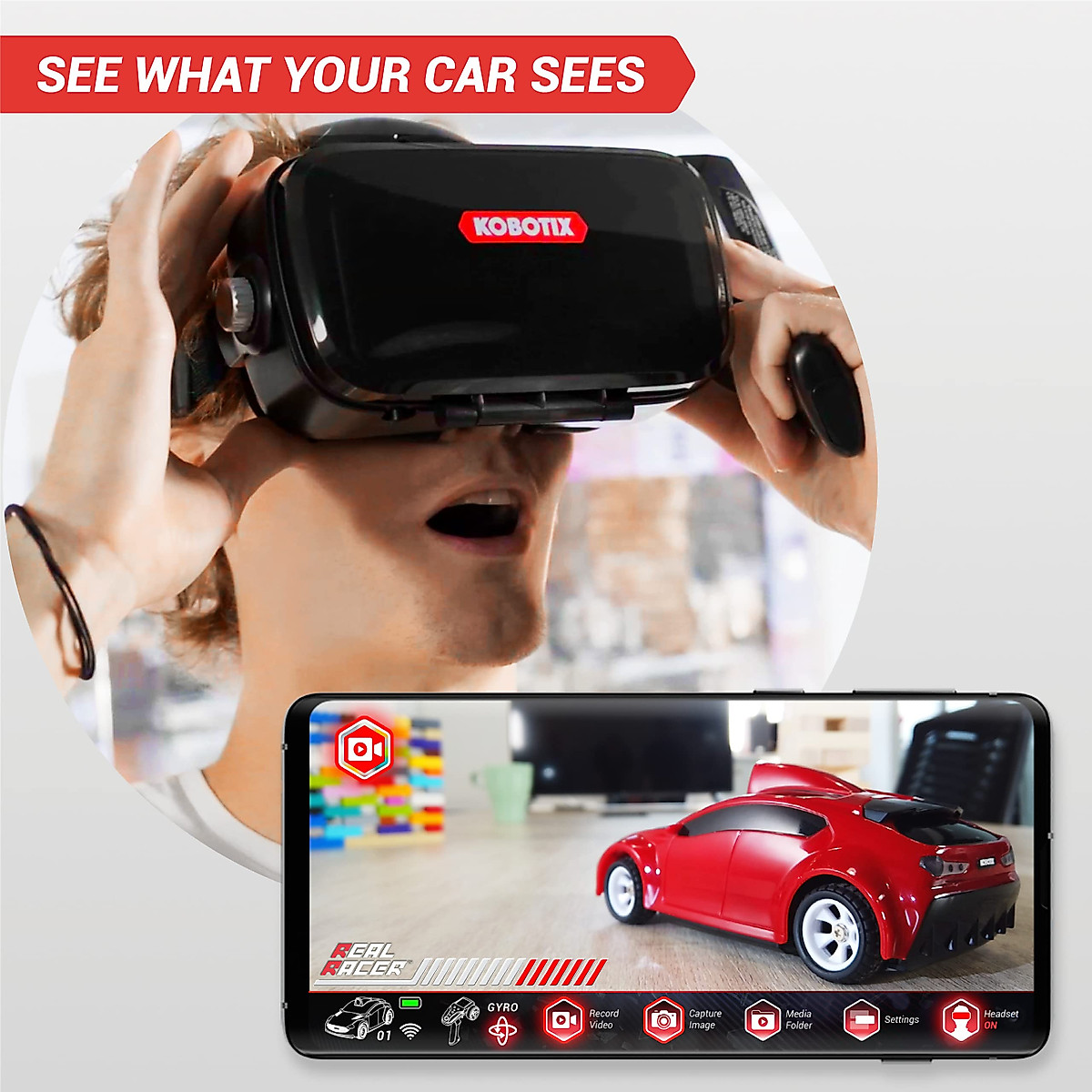 KOBOTIX Real Racer - Remote Control Car with Camera, HD First Person View Video, FPV RC Car, Gyroscope, Included Controller and Headset, App Controlled, Compatible with Meta Quest (2, 3, Pro) (Blue)