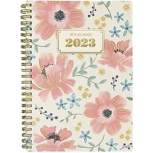 AT-A-GLANCE 2023 Weekly & Monthly Planner, 5-1/2" x 8-1/2", Small, Monthly Tabs, Pocket, Badge Floral (1641F-200)