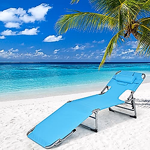 GYMAX Tanning Chair, Folding Beach Lounger with Face Arm Hole, Adjustable Backrest,Side Pocket, Removable Pillow & Carry Handle, Outside Sunbathing Lounge Chair for Patio, Poolside (1, Turquoise)