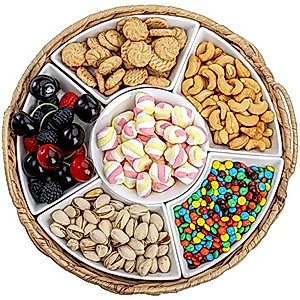 AVLA Ceramic Divided Serving Dishes, Porcelain Relish Tray, Party Appetizer Platter, 6 Removable Snack Bowls with Cattail Basket for Chips and Dips, Candy, Nut, Condiment, Veggie, Portable Handle