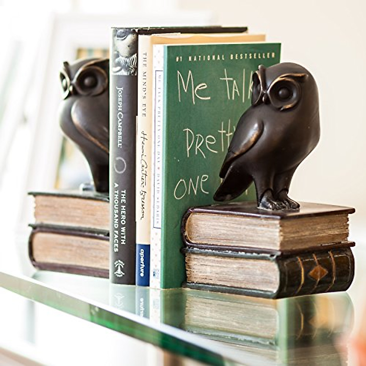 Danya B. Owl Bookends Decorative Rustic Bookshelf Decor - Owls Bookend Set for Heavy Books - Bronze Finish