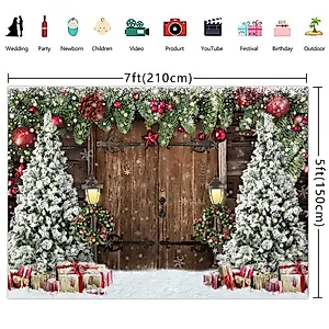 Lofaris Winter Christmas Backdrop Xmas Photography Backdrop Rustic Barn Wood Door Backdrop Xmas Tree Snow Gift Bell Kids Adult Family Supplies Banner Party Baby Shower Decoration Background 7x5ft