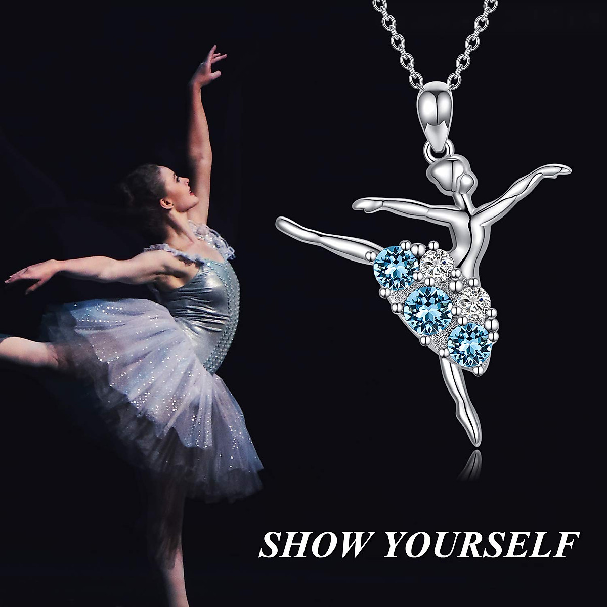 AOBOCO Ballerina Necklace Sterling Silver Ballet Dancer Pendant Jewelry with Simulated Aquamarine Crystals
