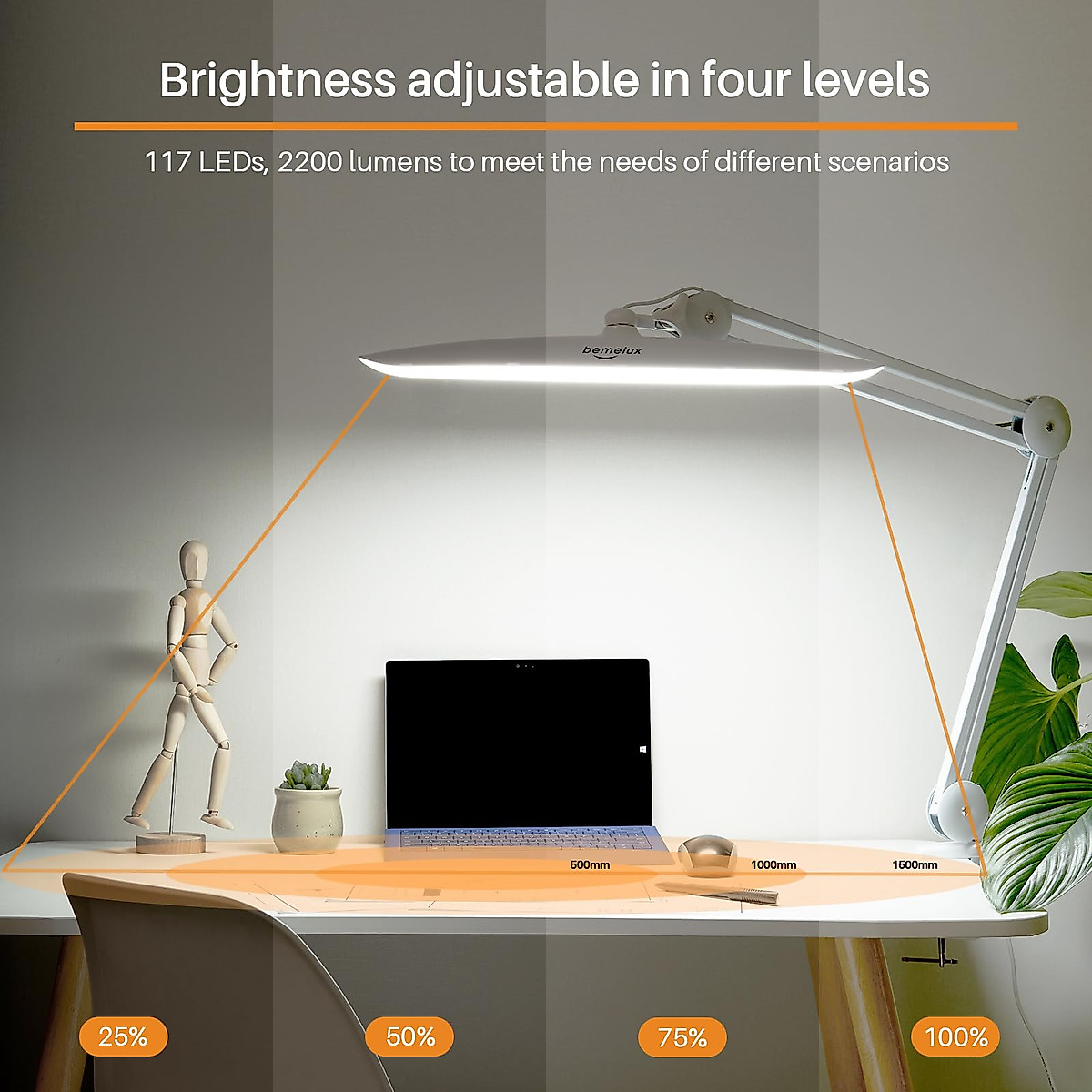 bemelux LED Desk Lamp with Clamp, Dimming Task Lamp for Reading Desktop Office Workbench Table Architect Sewing Study Home Craft, Bright 117PCS LEDs, 2200 Lumens 20 Inch Metal Swivel Arm Work Lamp