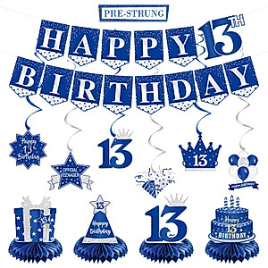 PRE-STRUNG Official Teenager 13th Birthday Decorations for Boys Girls, Happy 13th Birthday Letter Banner Sign Hanging Swirls Honeycomb Centerpieces Kit Blue, 13 Year Birthday Party Backdrop, PHXEY