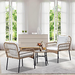 Homsido Patio Furniture Set 3 Pieces Small Boho Outdoor Rattan Woven Chairs Wicker Sofa Garden Conversation Balcony Bistro Sets for Yard,Pool or Backyard,Front Porch(Beige Wicker White Cushions)