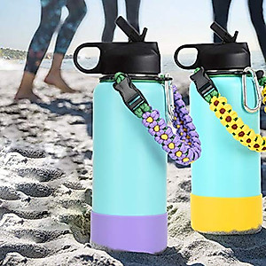 LX-SUNCX Paracord Handle and Silicone Sleeve Boot Compatible with Hydro Flask Wide Mouth Water Bottle (Daisy-Purple w/Compass+Whistle+Firestarter, 32oz-40oz)