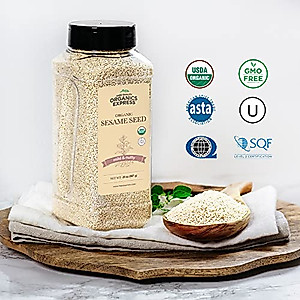 HQOExpress | Organic White Sesame Seed | Raw Sesame Seeds for Cooking and Food Seasoning - Semillas de Ajonjoli - Non-GMO, Vegan & Certified Kosher - 20 oz. Chef Jar