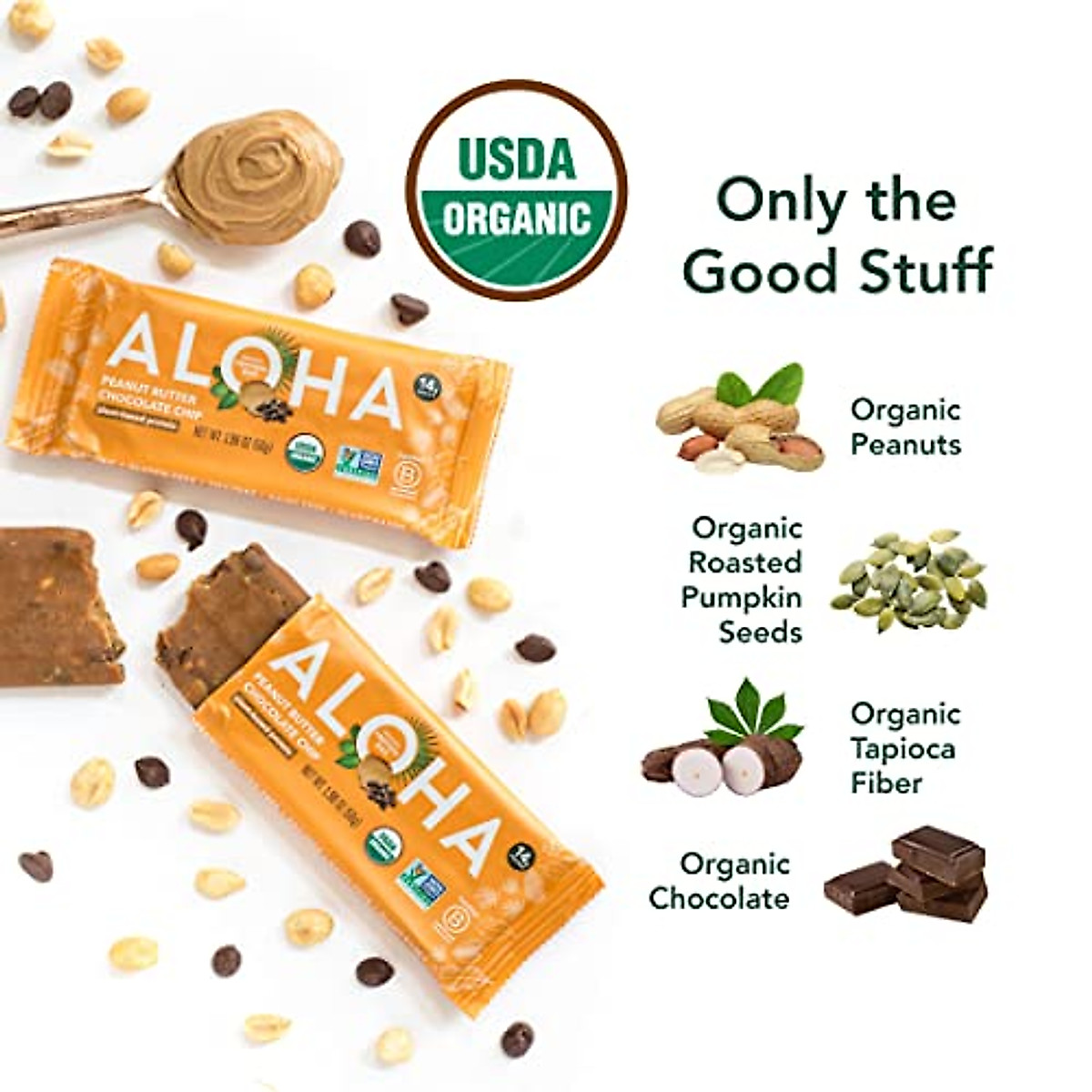 ALOHA Organic Plant Based Protein Bars |Peanut Butter Chocolate Chip | 12 Count, 1.98oz Bars | Vegan, Low Sugar, Gluten Free, Paleo, Low Carb, Non-GMO, Stevia Free, Soy Free, No Sugar Alcohols