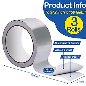NUITPY 3 Pack Aluminum Foil Tape, 3.9 mil 2" x 150 Feet Total Foil Tape, Silver High Temperature Tape, Metal Tape, Seal HVAC Tape, Insulation Foil Tape for Ductwork, HVAC, Dryer Vent, Seal