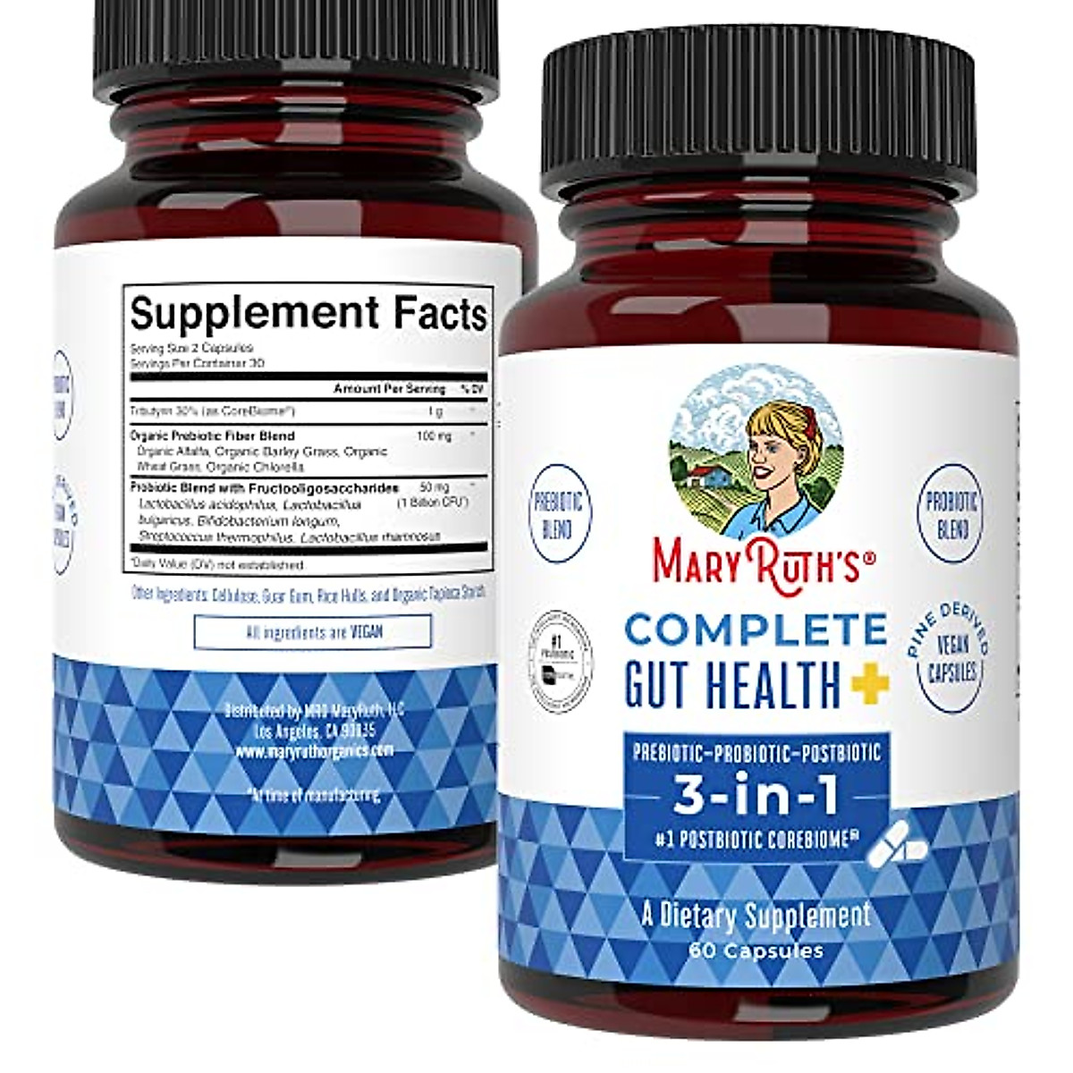 MaryRuth's Complete Gut Health+ | 3-in-1 Prebiotic + Probiotic + Postbiotic Corebiome® Vegan Gastrointestinal Support | Support Gut Health & Immune Function | 2 capsules per serving; 30 servings
