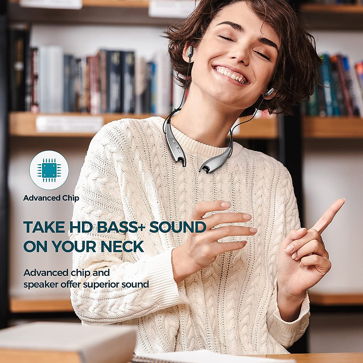 Neckband Headphones, Around The Neck Bluetooth Headphones w/Noise Cancelling Microphone, Bluetooth Headset w/ 22hrs Playtime, Neck Earphones Stereo Bass, for Music, Conference, Video, Call, Silver