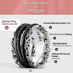 Paz Creations 925 Sterling Silver Spinner Ring/Fidget Ring/Anxiety Ring - 925 Sterling Silver Rings for Women, Stylish Boho Ring (Black Ruthenium, Size 9)