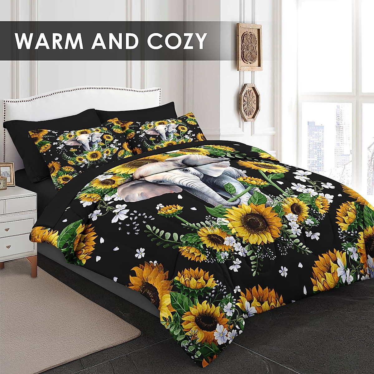 Pinbeam 7 Pcs Comforter Set Full Size, Elephant Animal Cute Bed in a Bag with Flat Sheet and Fitted Sheet for Kids and Adults, Sunflower Flower Yellow Bedding Set with Pillowcase & Sham