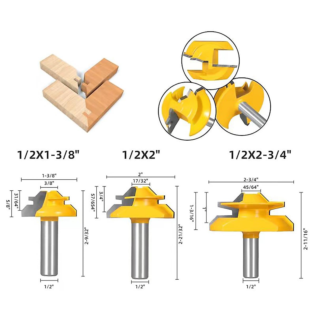 TOTOWOOD 45 Degree Lock Miter Router Bit 3-Piece Set, for 31/64", 3/4"，1"，Cutting Height, 1/2 Inch Shank.Woodworking Tools Joint Router Bits 3PCS 1/2 Shank)