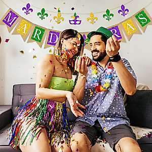 Whaline Mardi Grads Banner 2Pcs Glitter Purple Yellow Green Burlap Banner Masquerade Mask Paper Banner Pre-Assembled Bunting Garland for Masquerade Party Supplies Home Hanging Decor Photo Props