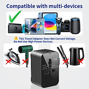 Universal Travel Adapter with 3.0A PD USB-C & QC USB-A Ports, Fast Charging International Plug Adapter, Worldwide Wall Charger AC Power Plug Converter Adaptor for US to EU UK AUS Asia