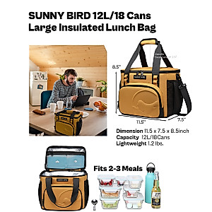SUNNY BIRD 12L Large Insulated Lunch Bag, Leakproof and Foldable Lunch Cooler Box for Women Adult and Men, Fits 18 Cans (Ochre 01)